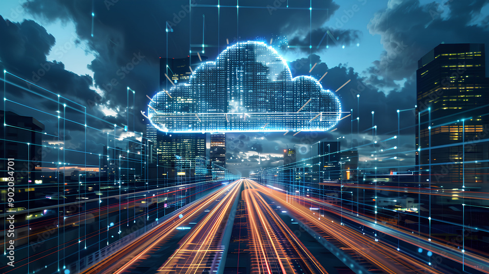 cloud computing with a speeding train on a city background Stock Photo | Adobe Stock