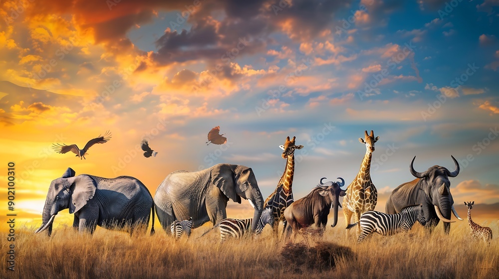 Group of safari African animals elephants rhino buffalo giraffe lion ...