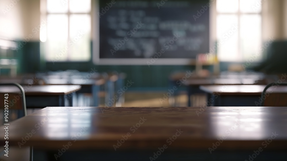 Blur background of interior design of empty classroom with blackboard ...