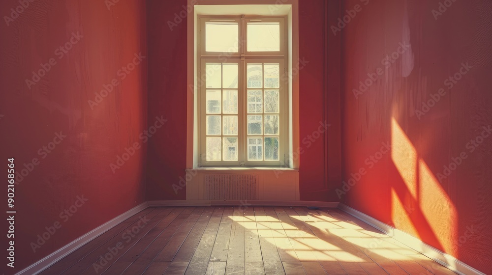 Vacant room with bright walls and window looking out with no one ...