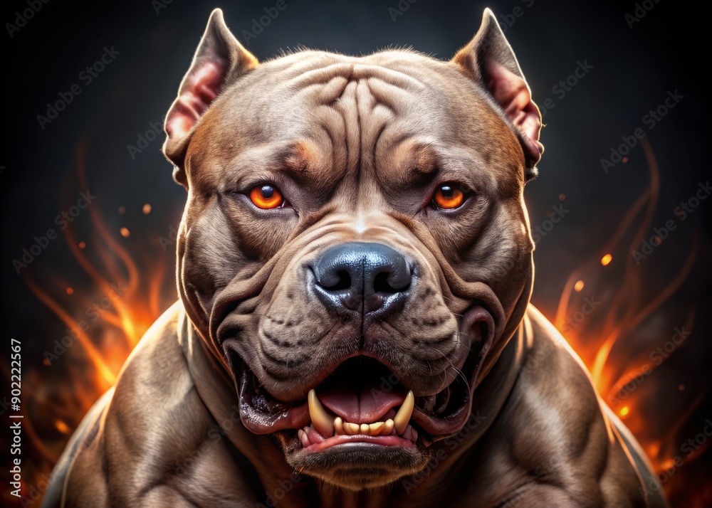 A muscular pitbull's growling face fills the frame, its piercing eyes ...