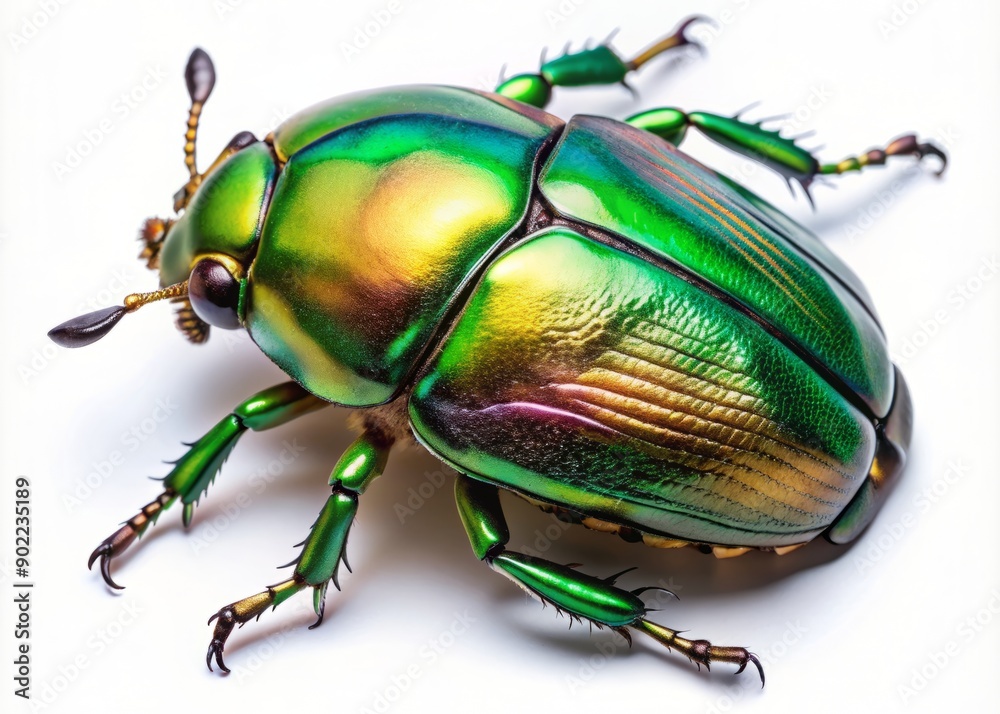 Vibrant green june beetle with metallic sheen perches on transparent ...