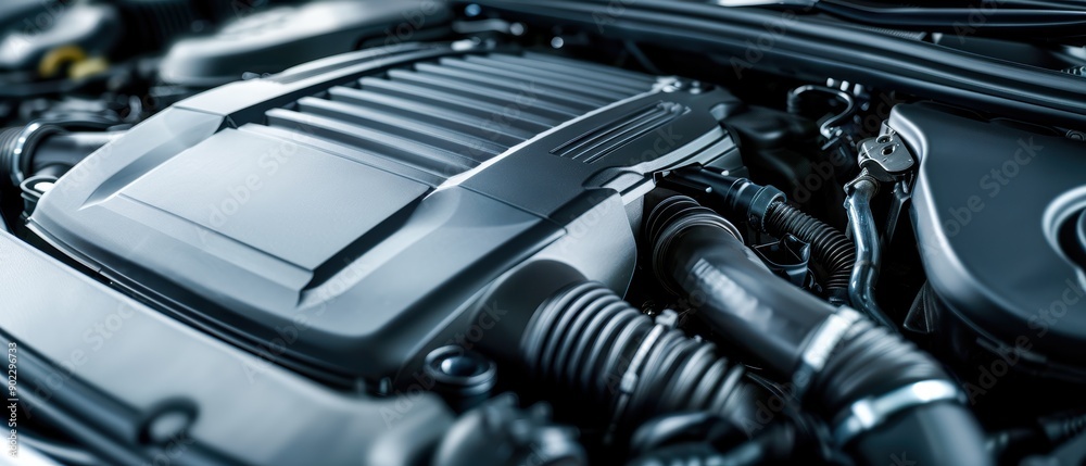 Engine bay of a modern car, showing the detailed and intricate parts of ...