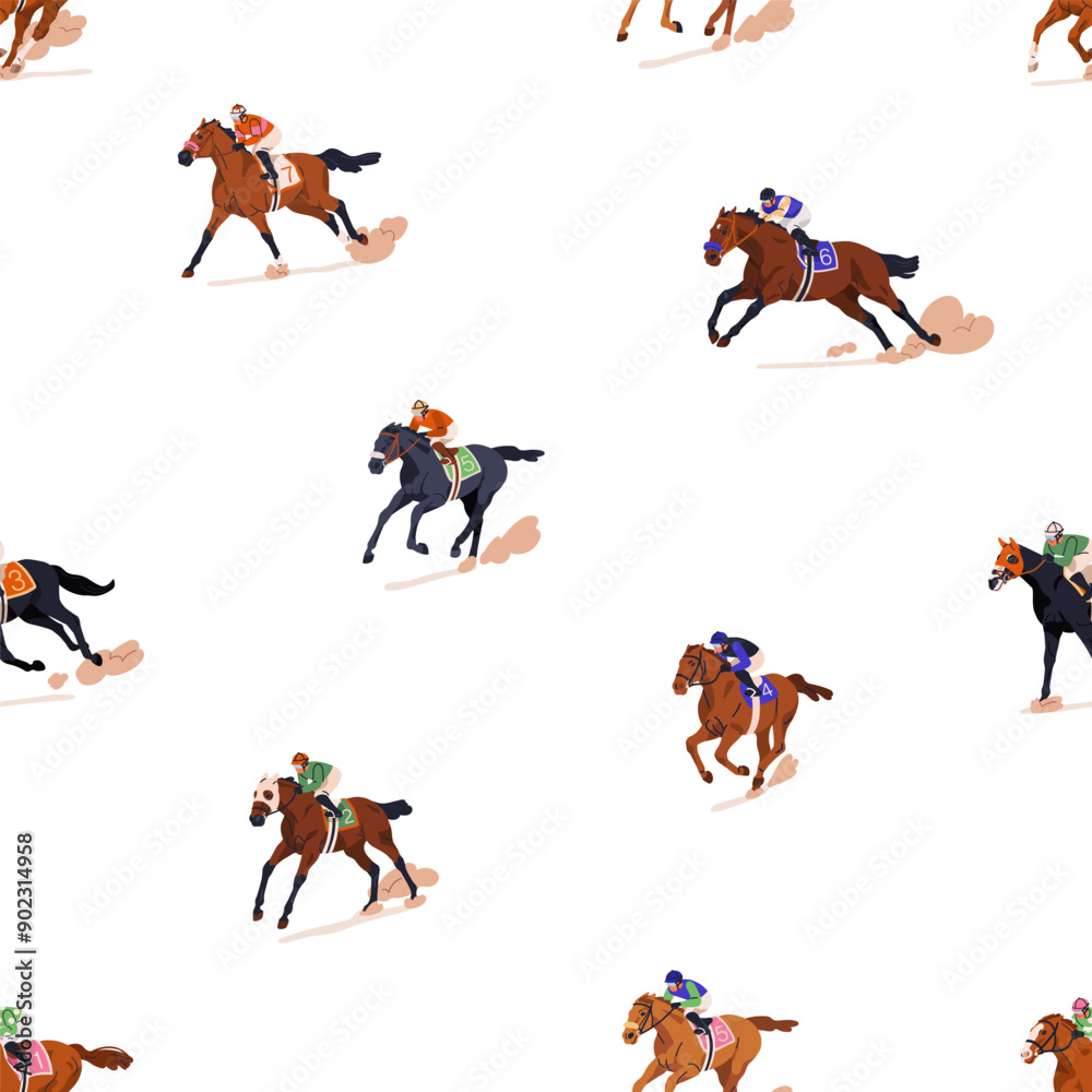 Jockeys on running racing horses, seamless pattern. Endless repeating ...