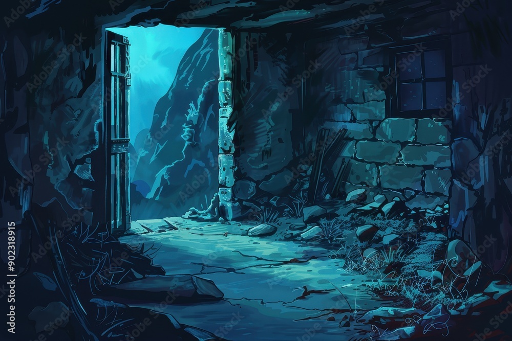 Mysterious chamber with an open door revealing a blue abyss Stock ...