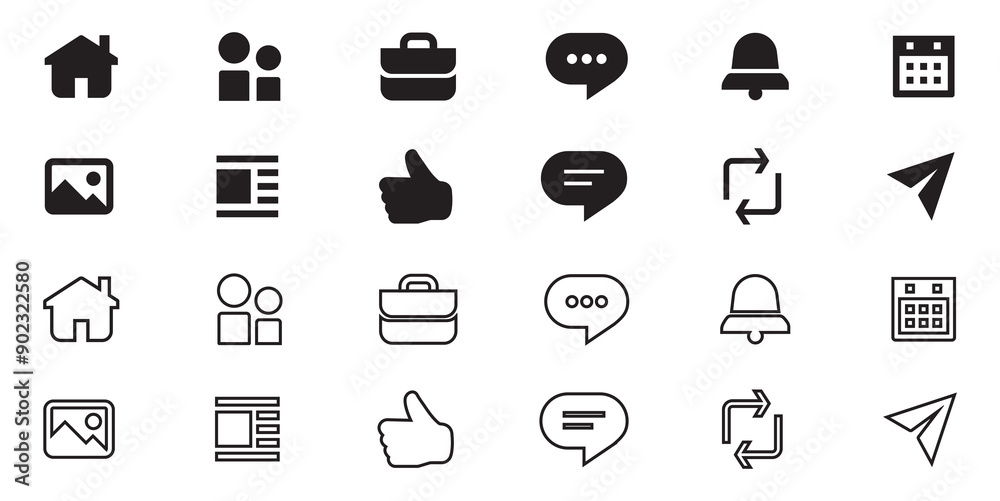 LinkedIn icon set. social media icons home, my network, jobs, message ...