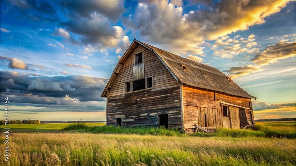 Destroyed barn lying in a field at a tilted angle, grass, fallen, dilapidated, decay, collapse ...