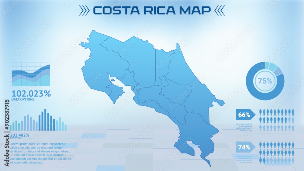 Blue Costa Rica Map with States, Political Costa Rica infographic map ...