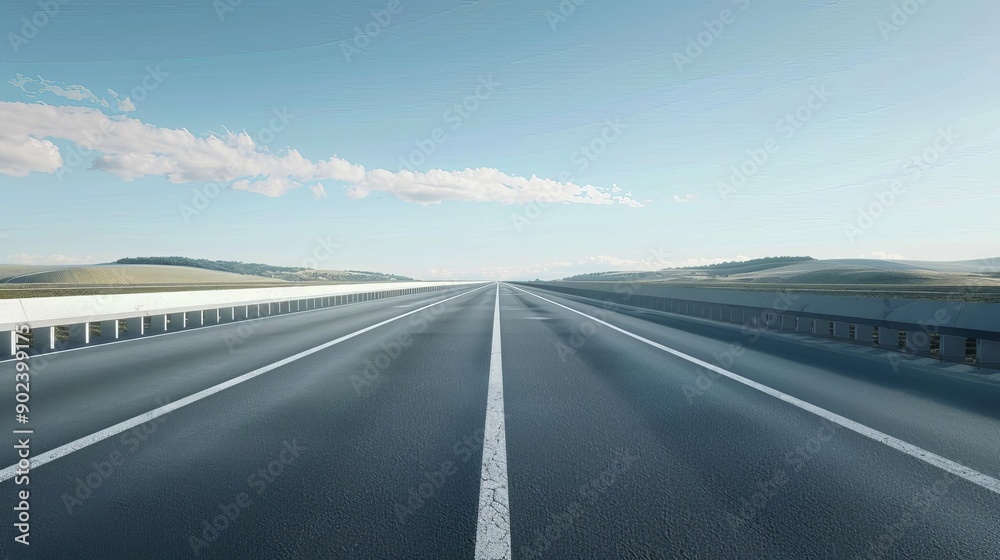 A long, empty highway stretching into the distance under a clear blue ...