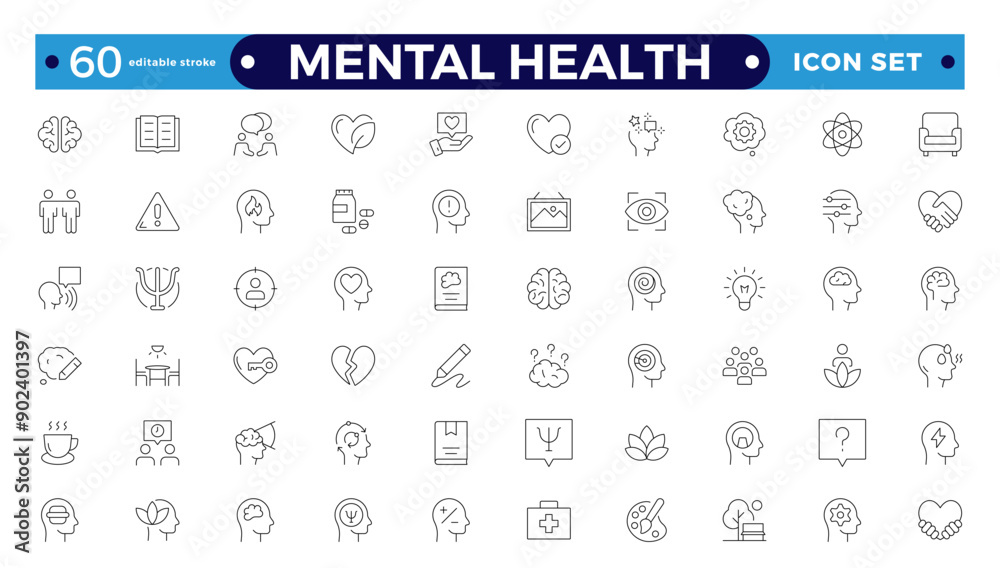 Mental health icon set. Containing depression, bipolar, PTSD, panic ...
