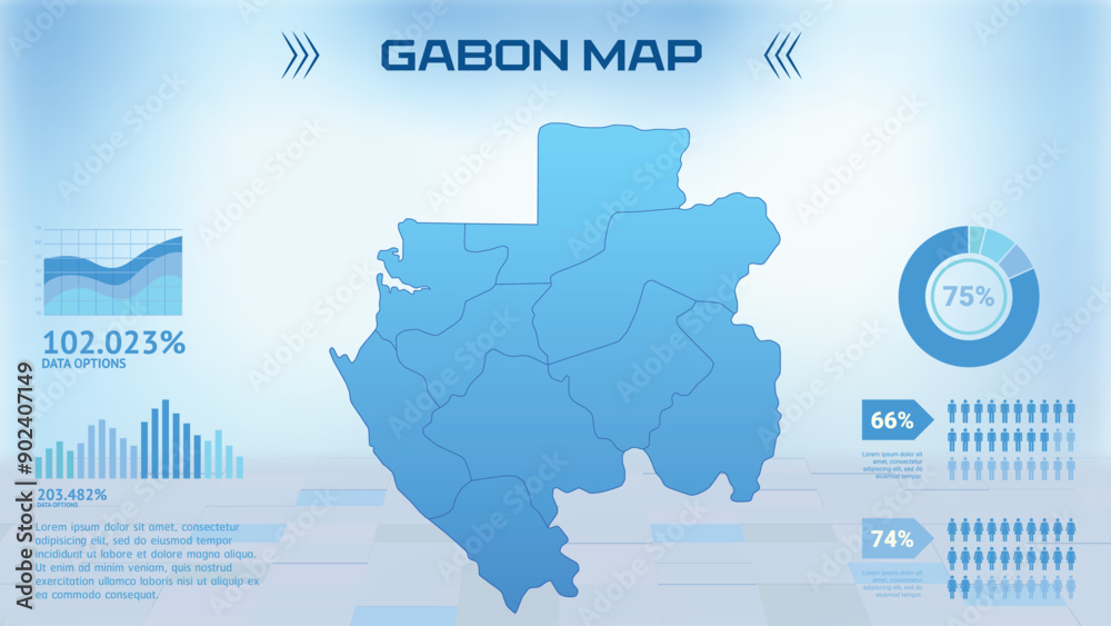 Blue Gabon Map with States, Political Gabon infographic map vector ...