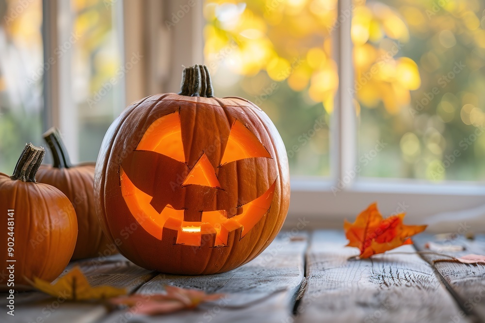 Classic pumpkin carving in a historic setting with copy space. Bright ...