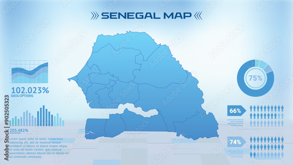 Blue Senegal Map with States, Political Senegal infographic map vector ...