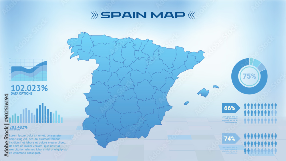 Blue Spain Map with States, Political Spain infographic map vector ...