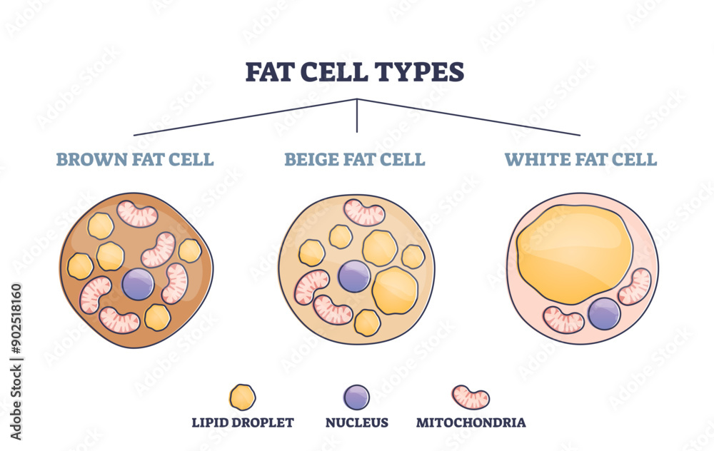 Fat cell types as adipocyte division in brown, beige or white outline ...