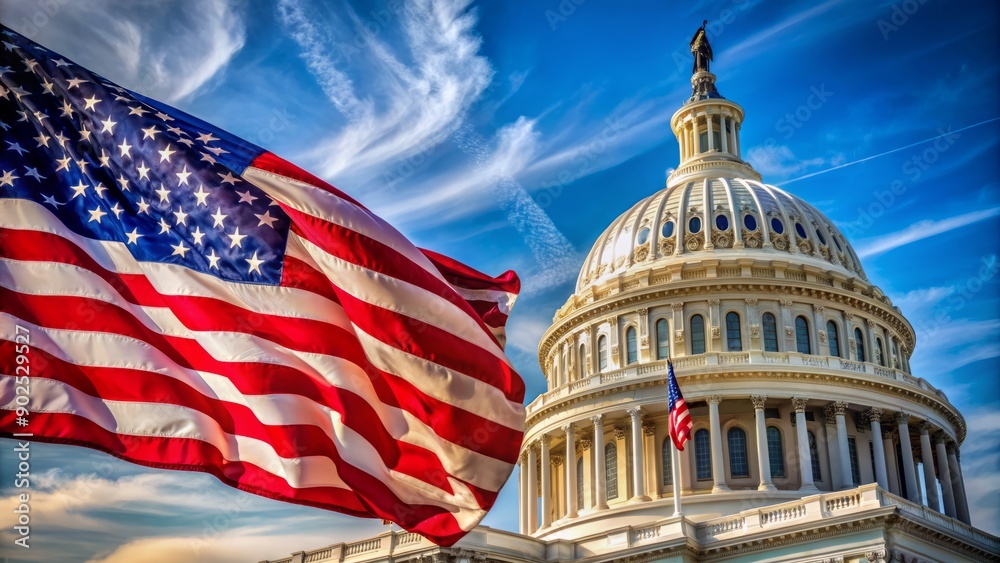 Majestic American flag waving proudly in the foreground with the iconic ...