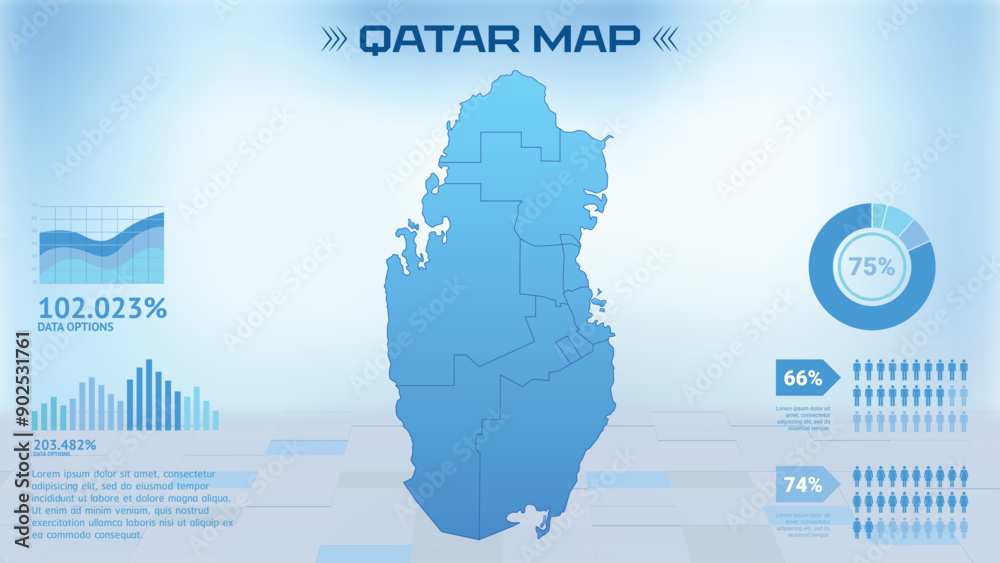 Blue Qatar Map with States, Political Qatar infographic map vector ...