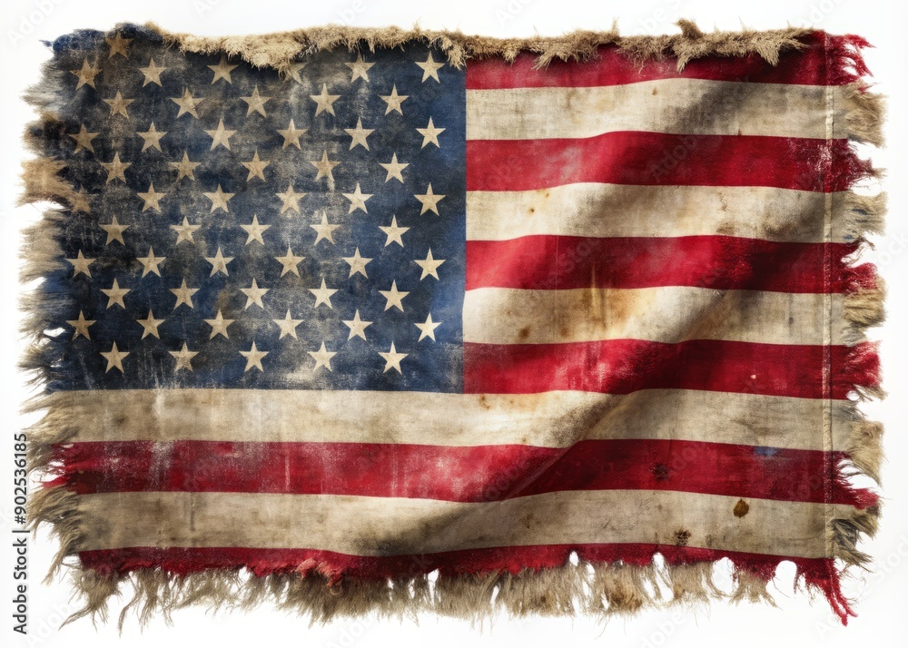 Worn, distressed American flag with frayed edges and torn fabric ...