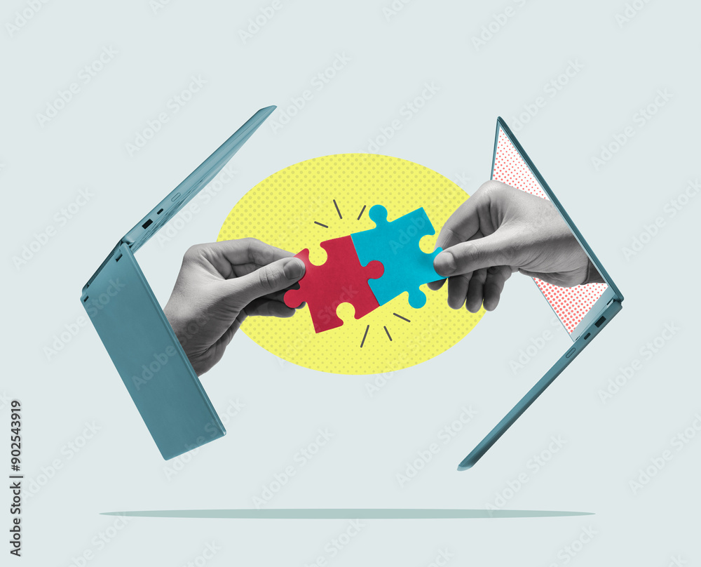 Connecting puzzle pieces. Art collage. Stock Photo | Adobe Stock