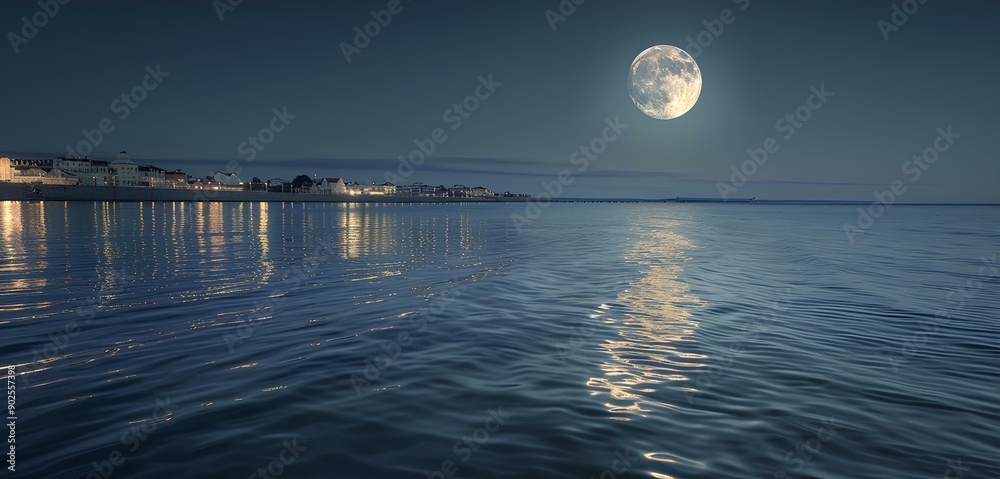The full moon shines on the sea, the dark night sky is calm and quiet ...