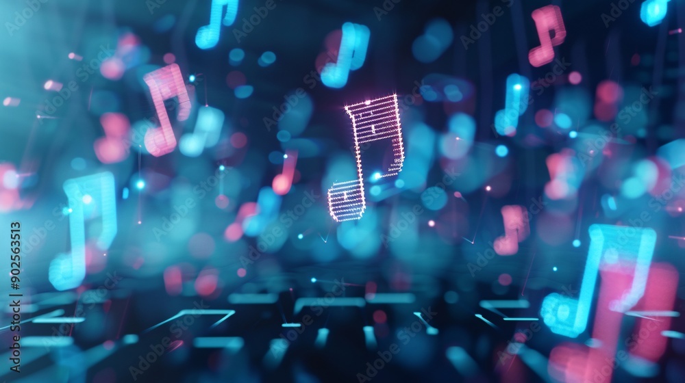 Holographic 3D music notes floating in a dark space, 3D background ...