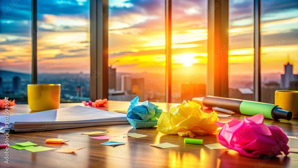 Highlighter rolls away on desktop cluttered with colorful post-it notes ...