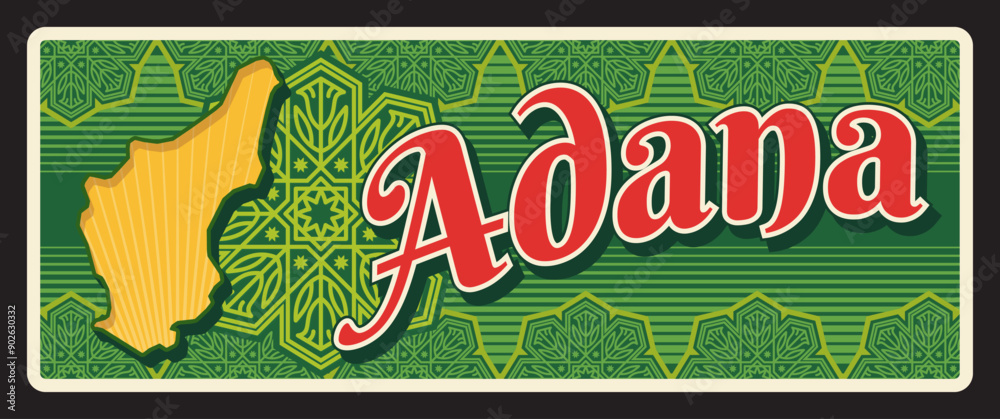 Adana Turkey province retro travel plate, il vintage banner. Vector ...