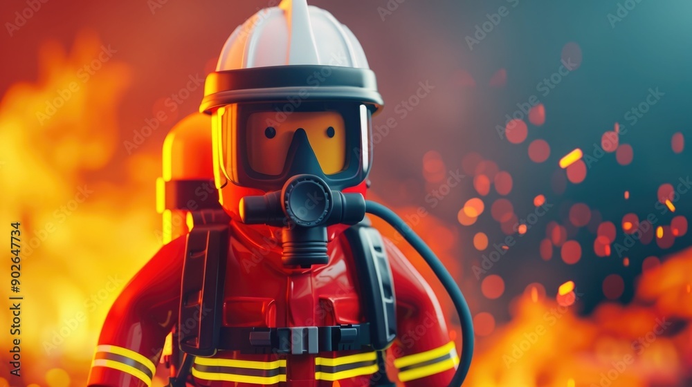 Animated 3D firefighter character in full uniform with fire hose and ...