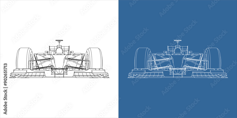 racing car line art draw blueprint wireframe from front view. isolated ...
