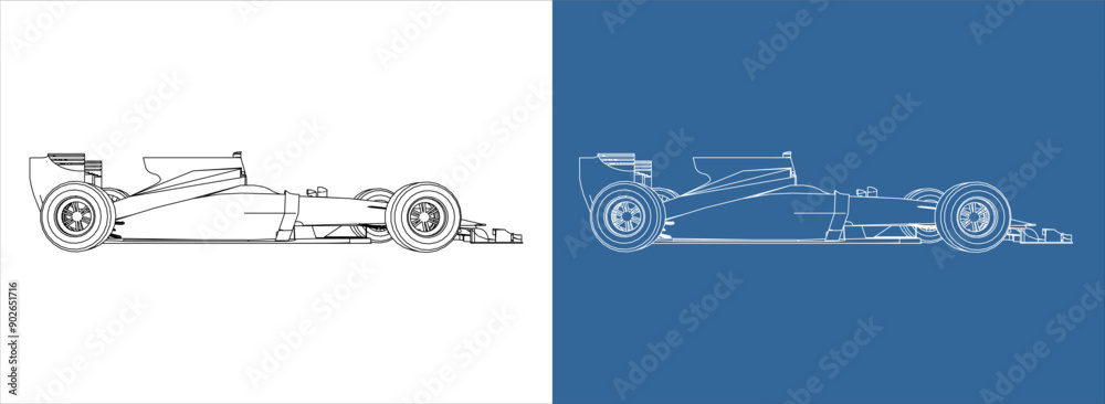 racing car line art draw blueprint wireframe from side view. isolated ...