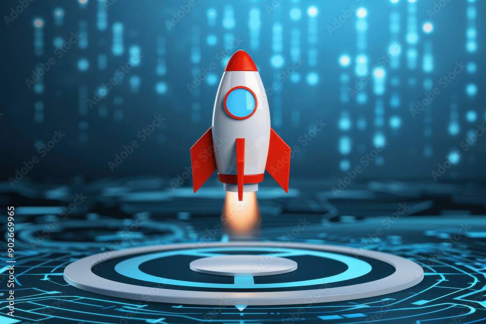 3D illustration of a red and white rocket launching from a digital ...