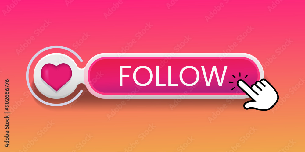 Social media follow button with 3d heart icon and hand pointer. Mobile ...