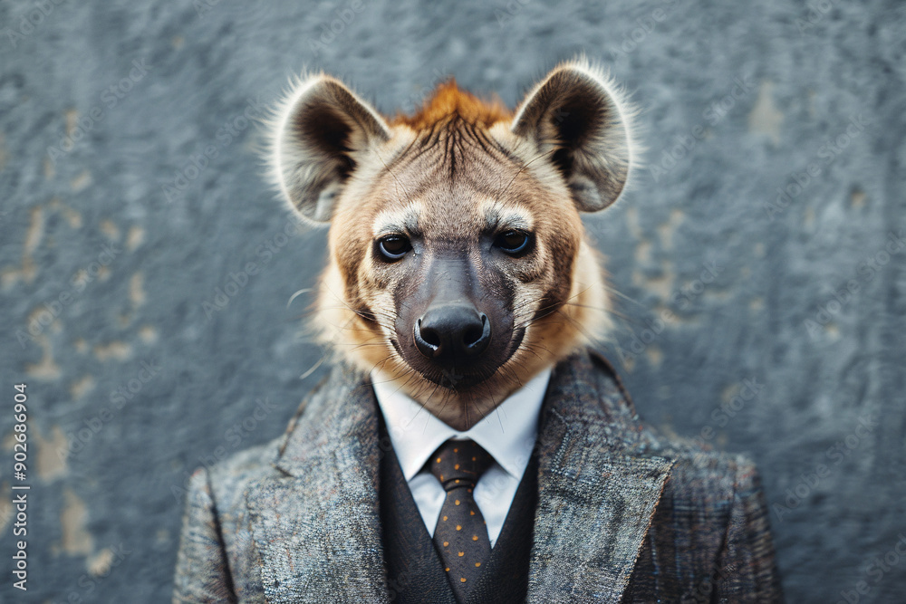 Vertical shot of hyena in a suit, portraying a powerful and confident ...