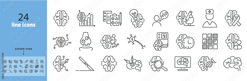 Neurology clinic, human brain line icon set. Headache, stroke,cell ...