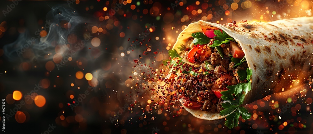 Savoury freshly-prepared shawarma with an assortment of herbs and ...