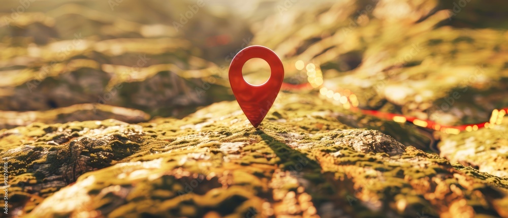 Prominent map marker placed on a physical map, pinpointing a key travel ...