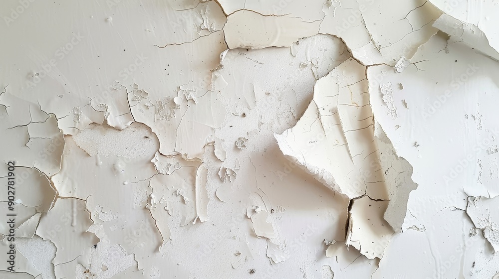 Abandoned room with a decaying ceiling, large chunks of plaster missing ...