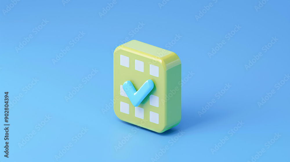3D rendering of a green icon with a blue checkmark on a light blue ...