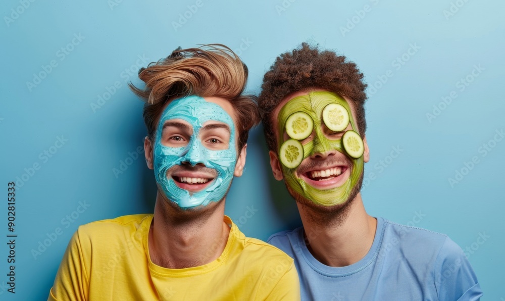 Joyful Gay Couple with Cucumber Face Masks on Blue Background. LGBTQ+ Beauty and Wellness ...