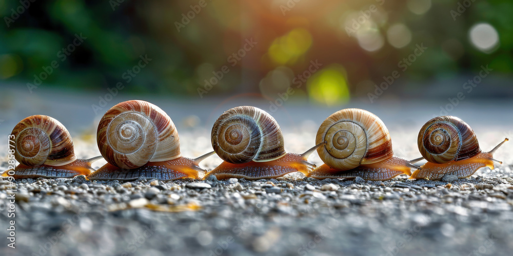 Five snails lined up in a row on wet pavement, captured in close-up ...