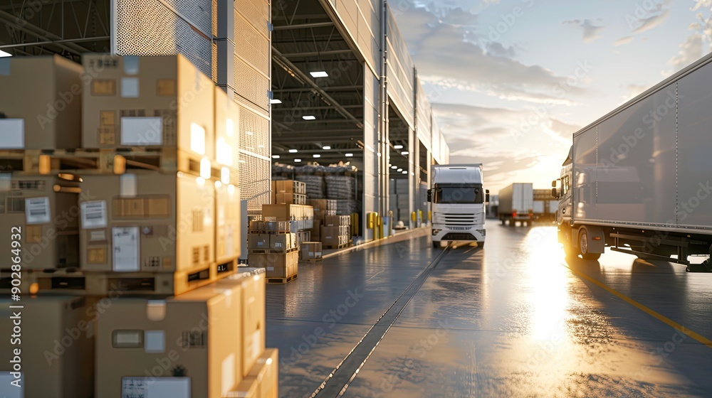 A modern logistics hub with trucks and packages, showcasing efficient ...