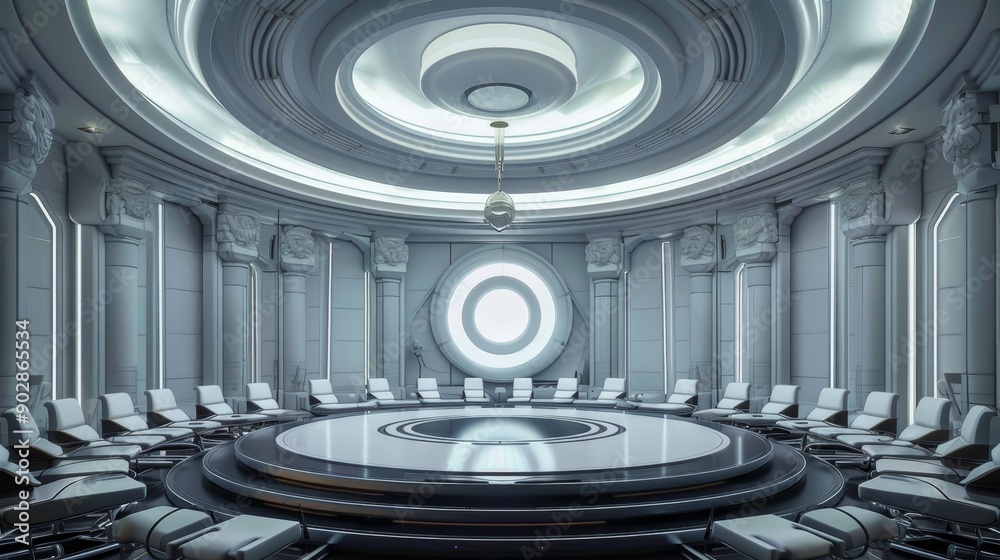 Futuristic renaissance courtroom with heptagram layout and baroque ...