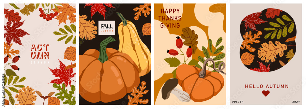 Autumn seasonal posters with leaves and floral elements and pumpkins in ...