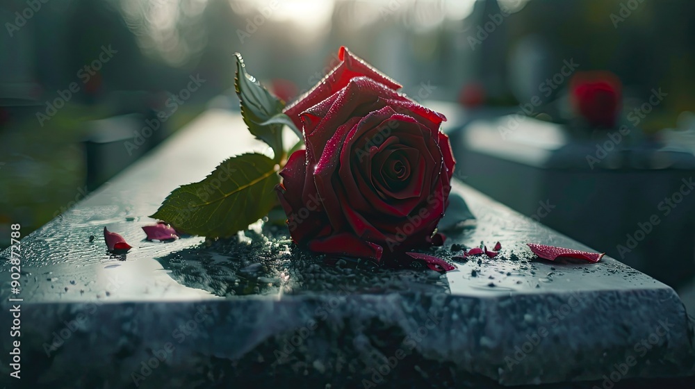 Funeral rose and flower on coffin in cemetery for outdoor burial ...