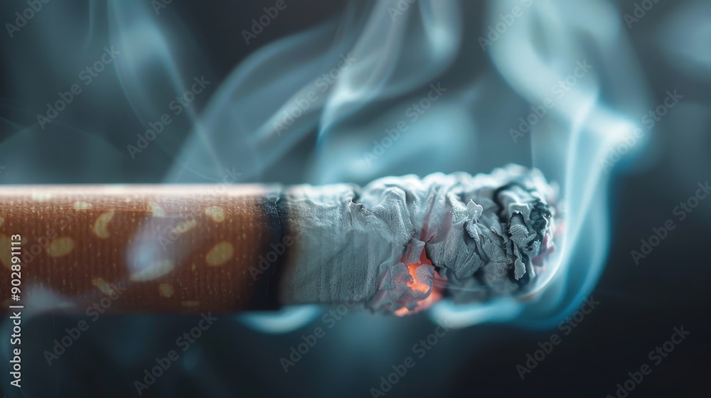 Detailed image of a cigarette with a glowing ember and curling smoke ...