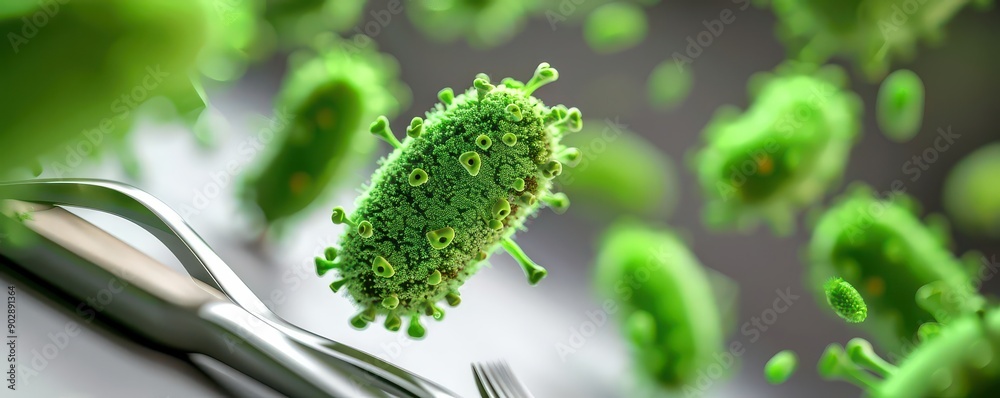 Microscopic view of bacteria and viruses on restaurant utensils ...