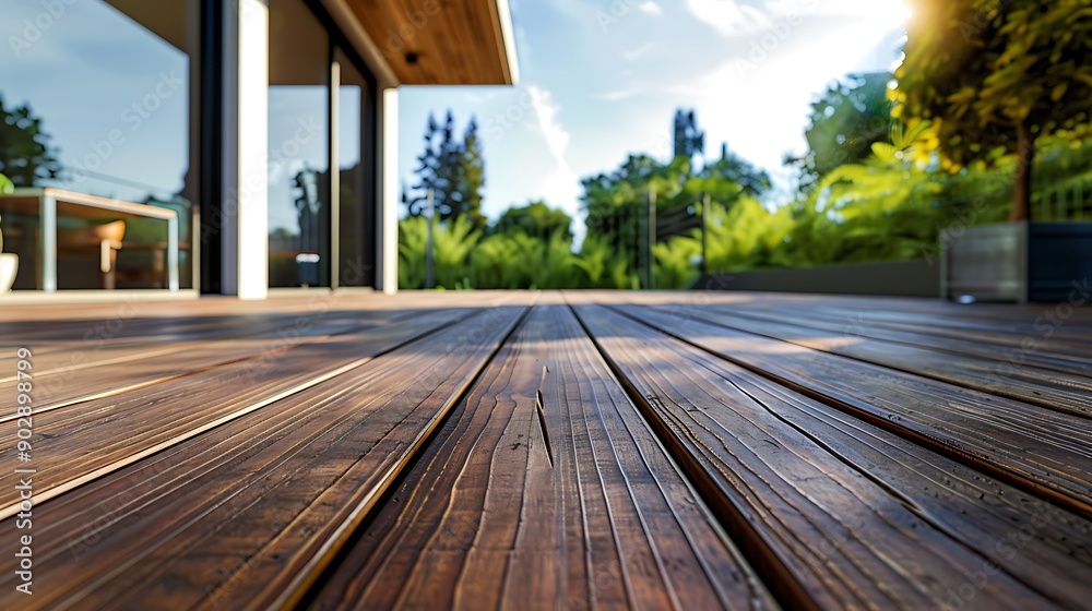 Ipe hardwood decking observed from a low perspective in a contemporary ...