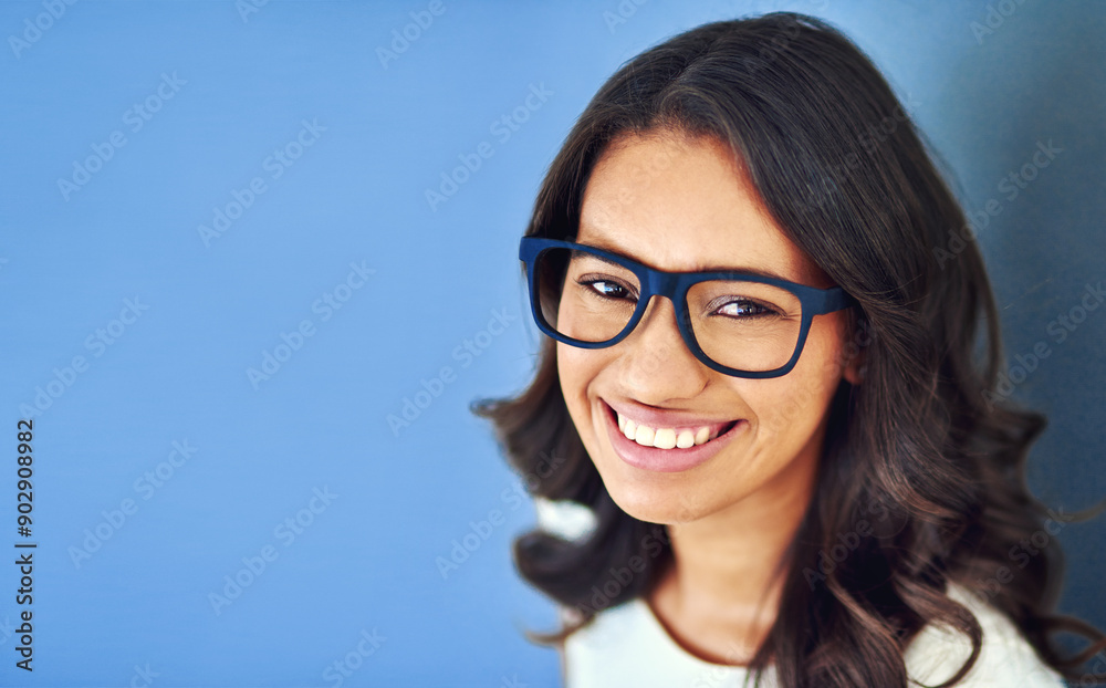 Woman, portrait and studio optometry with glasses, eye care and vision ...