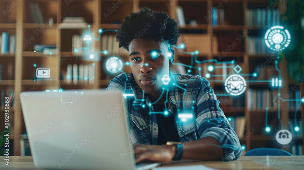 Person accessing online courses with digital icons for different ...