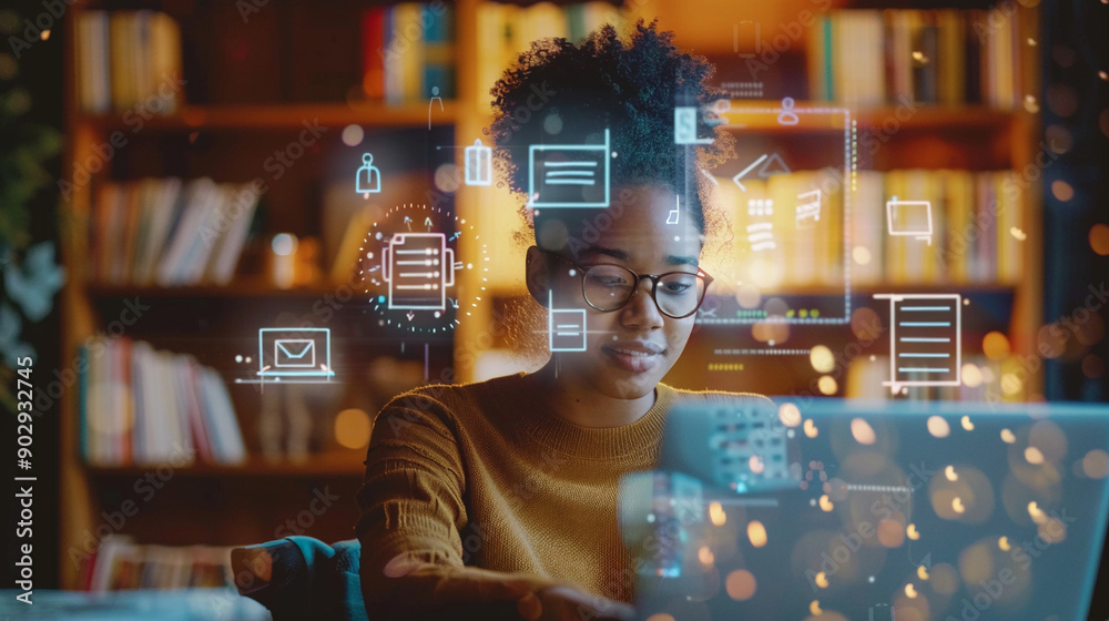 Student engaging in virtual learning with a laptop and floating digital ...